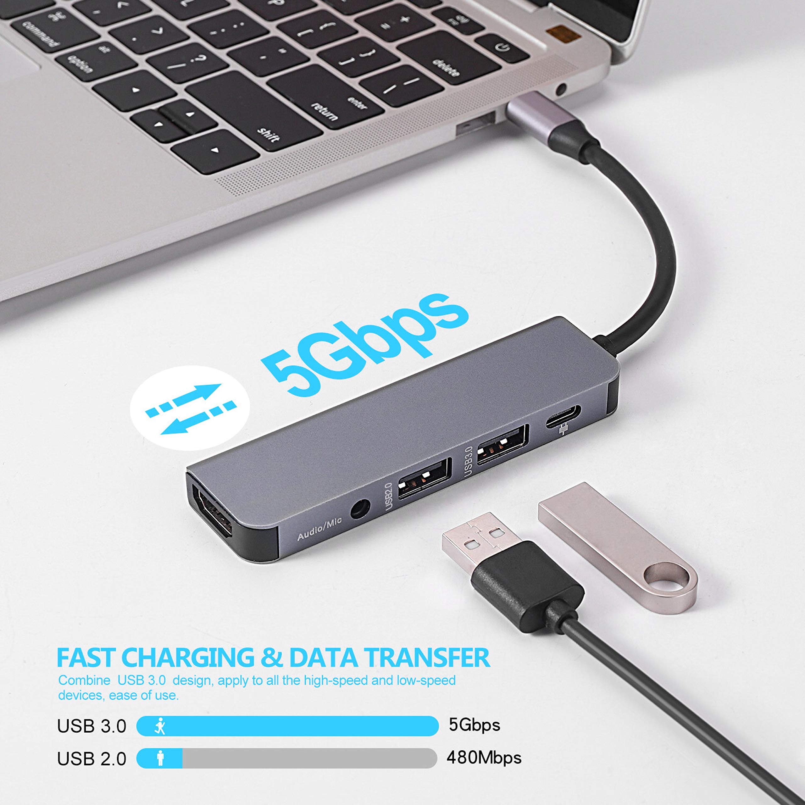 Type C 5 in 1 Hub to 4K HDMI, 2USB3.0Ports,MIC&Audio. Adapter, with PD3.0(100W) Charge