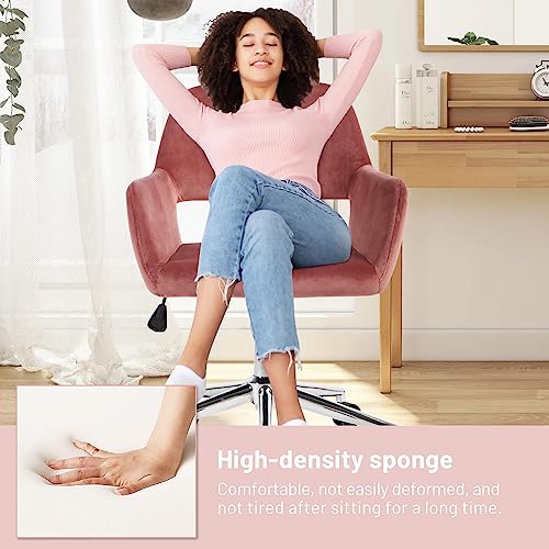 FurnitureR Velvet Home Office Chair, Mid Back Desk Chairs with Rolling Wheels, Adjustable Task Chair for Living Room, Bedroom, Make-up, Studying, Small Spaces - Rose