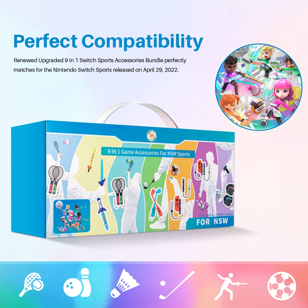 Mviioe for Switch Accessories Bundle Compatible with Nintendo Switch/Switch OLED for Nintendo Switch Sports Games with Leg Straps, Tennis Rackets, Glof Clubs, Sword, Wrist Straps(9 in 1)