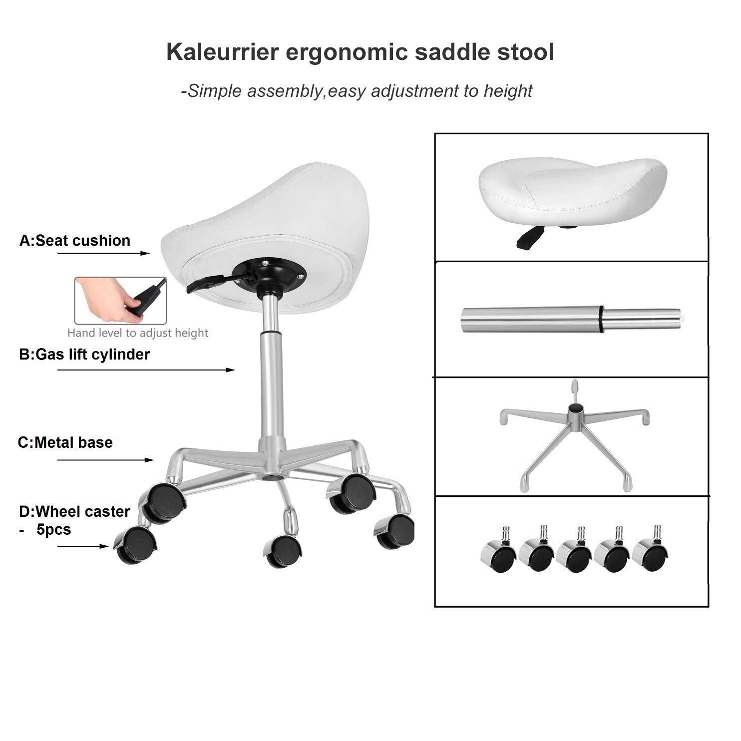 Kaleurrier Ergonomic Rolling Swivel Saddle Stool with Wheels,Hydraulic Pneumatic Lifting Height Adjustable Lightweight Chair for Clinic Hair Salon Massage Lab Kitchen Home Office (White, Without Back)