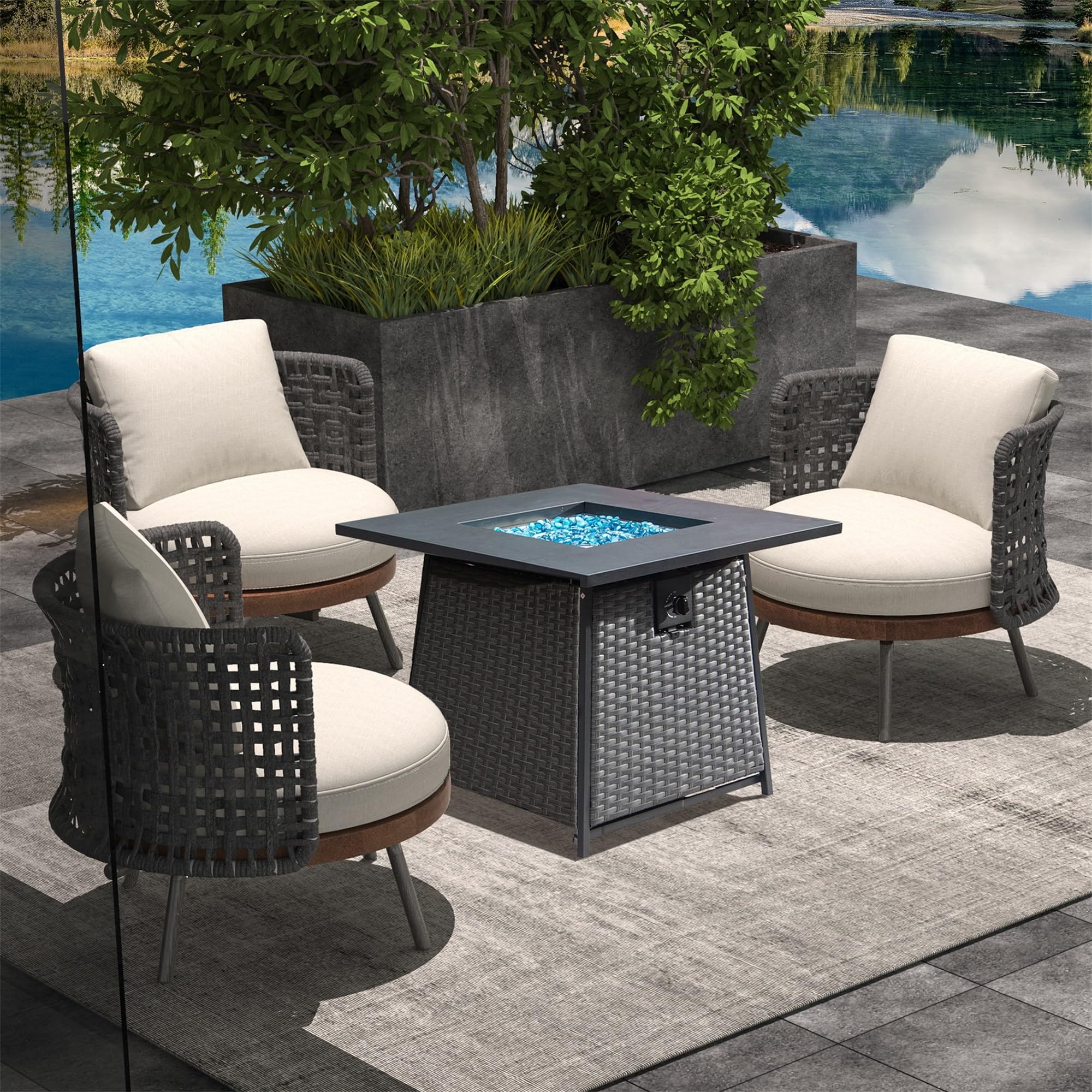 28 Inch Propane Fire Pits Table with Blue Glass Btu Outdoor Wicker 2-in-1 Square Steel Gas Firepits Grey Metal