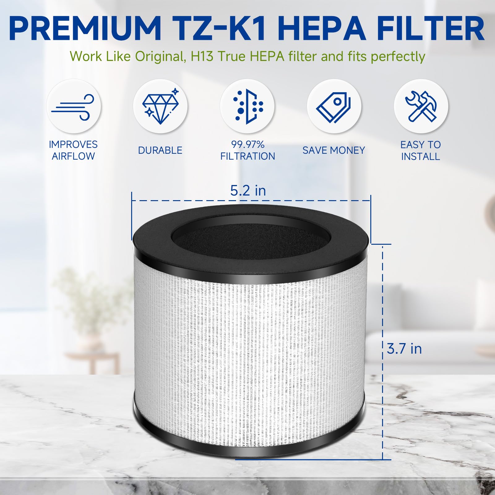 2Pack TZ-K1 Replacement Filter for ToLife TZ-K1 FreAire KN6391/HAP601 Air Purifier,Compatible with Aroeve MK01 MK06 Air Purifier,H13 HEPA Filter for Smoke Dander, 360° Rotating Filter,Black