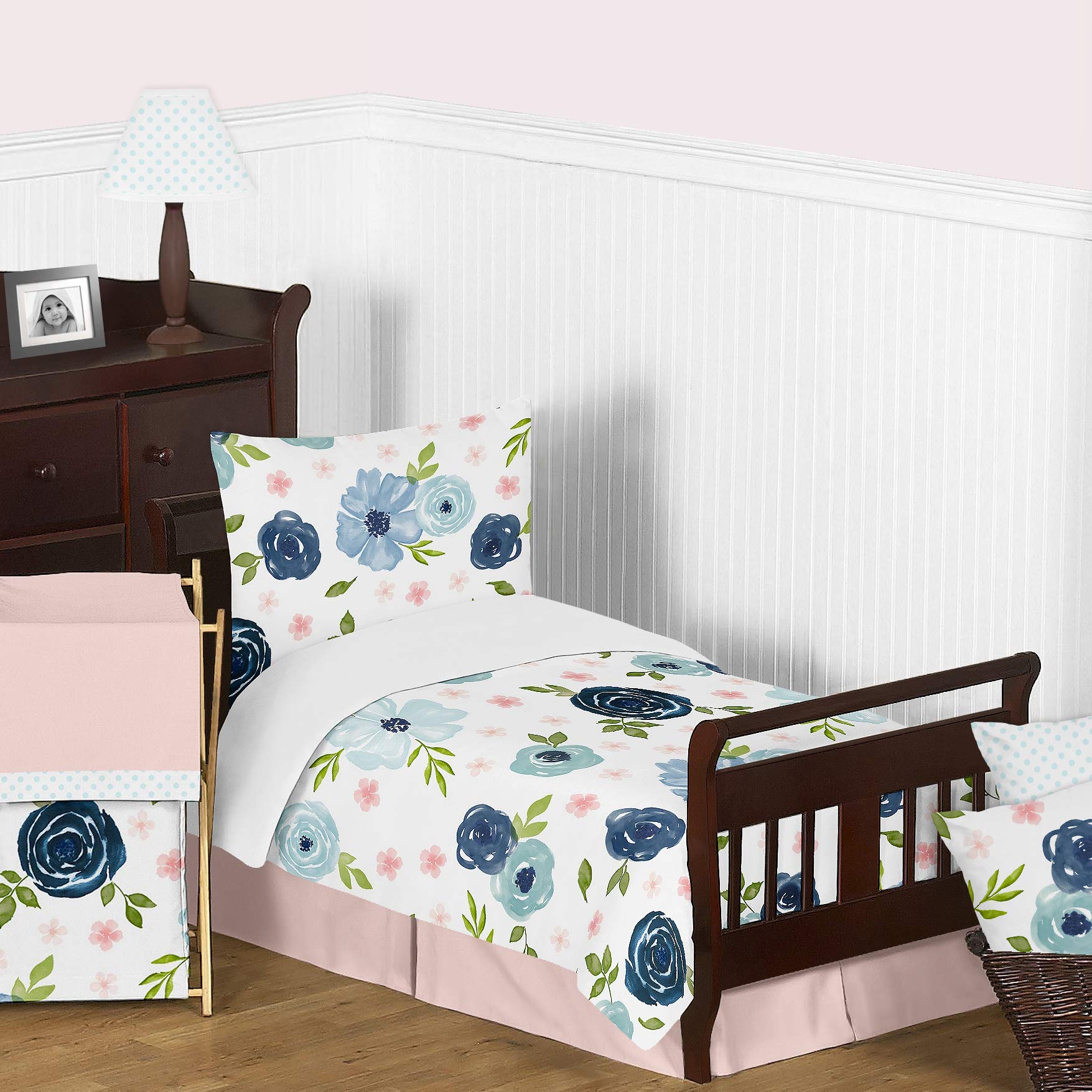 Sweet Jojo Designs Blue and White Polka Dot Lamp Shade - Watercolor Floral Shabby Chic Collection