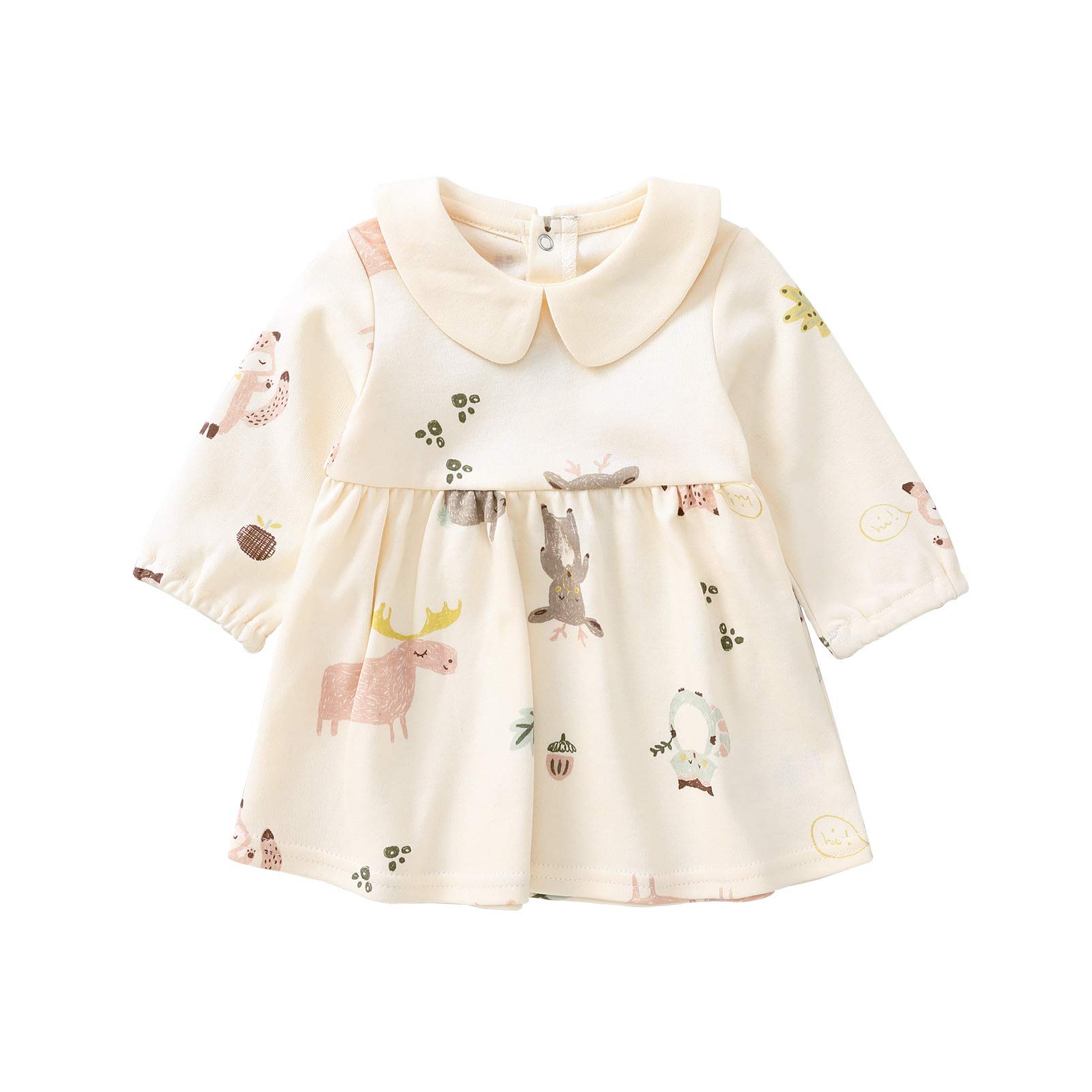 pureborn Baby Girl Dress Infant Long Sleeve Peter-pan Collar Spring Fall Cotton Playwear Dresses Beige 0-3 Months