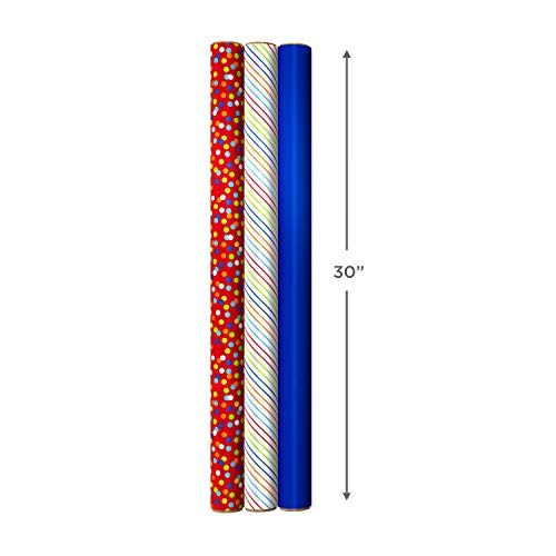 Hallmark Birthday Wrapping Paper with Templates for Handmade Bows on Reverse (3-Pack: 75 sq. ft. ttl) Royal Blue, Rainbow Stripes, Colorful Confetti