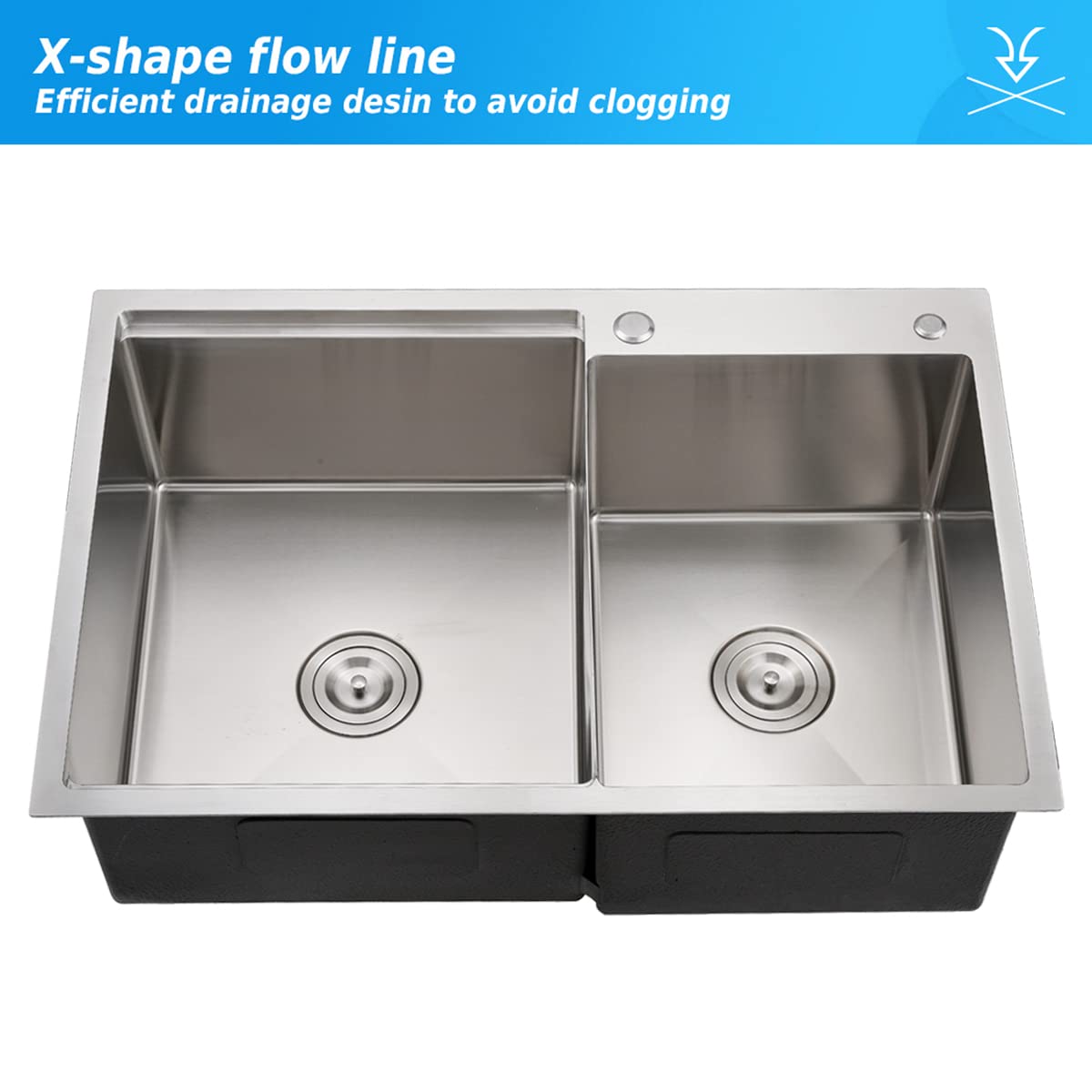 33 Inch Drop in Kitchen Sink Double Bowl Splash Guard Workstation - 33 Inch Topmount Stainless Steel Kitchen Sink 16 Gauge Stainless Steel 10'' Deep Handmade Kitchen Sink with Cutting Board& Strainer