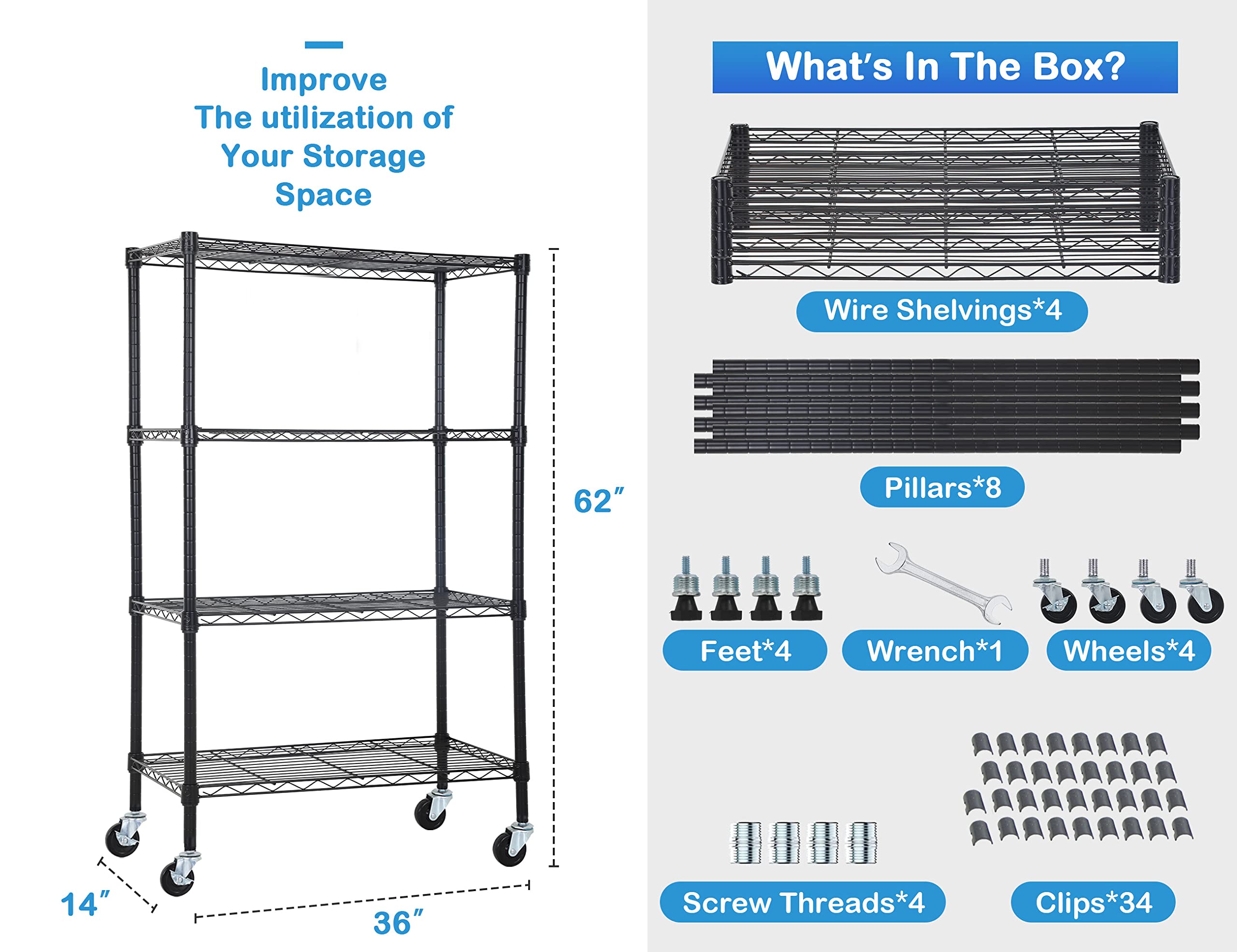 4-Tier Kitchen Storage Shelves Wire Shelving, Adjustable Storage Shelf Metal Storage Rack on Wheels, Shelf Unit Organizer for Kitchen Bread Microwave Oven Stand, 35.6"L x 14"W x 61.8"H, Black