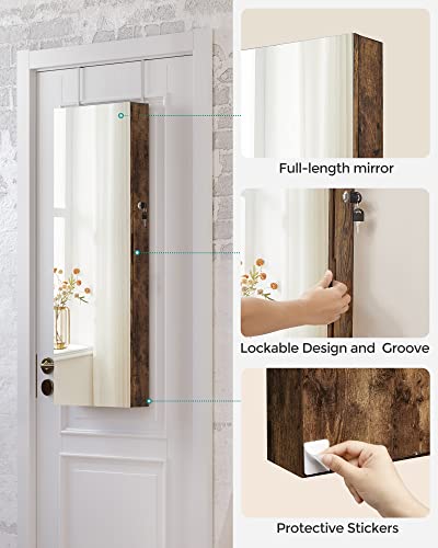 SONGMICS Jewelry Cabinet Armoire, Wall/Door Mount Storage Organizer with Full-Length Mirror, Lockable Cabinet with Built-in Small Mirror, Shelves, Gift Idea, Rustic Brown UJJC003X01