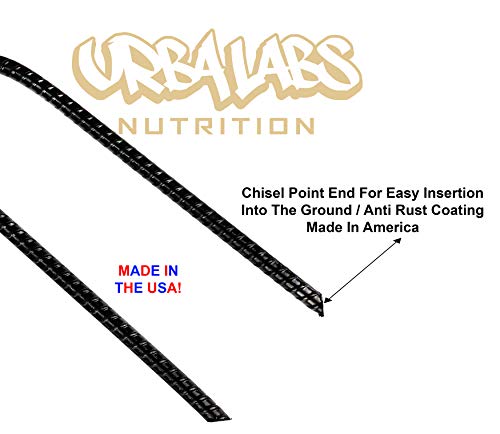 Urbalabs Nutrition 12 Inch Rebar Trampoline Stakes (6 Pack) Extra Heavy Duty Metal Steel High Wind Ground Anchors 3/8 Inch Round Chisel Point Tips Universal Size Anti Rust in Black