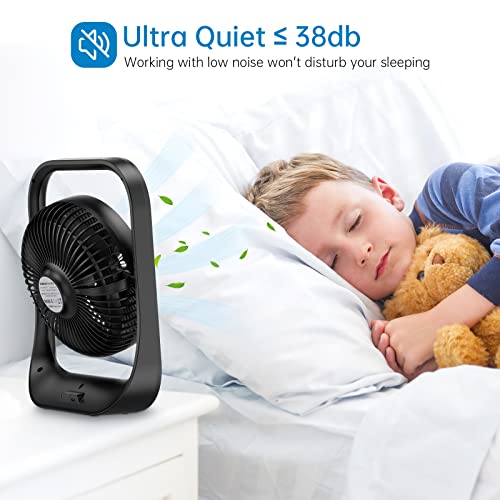 Acekool Battery Operated Fan, Camping Fan with Night Light, 3 Speeds Portable Desk Fan,135°Rotation, Rechargeable Quiet Table Fan for Office, Bedroom, Travel, Camping (Deep Black)