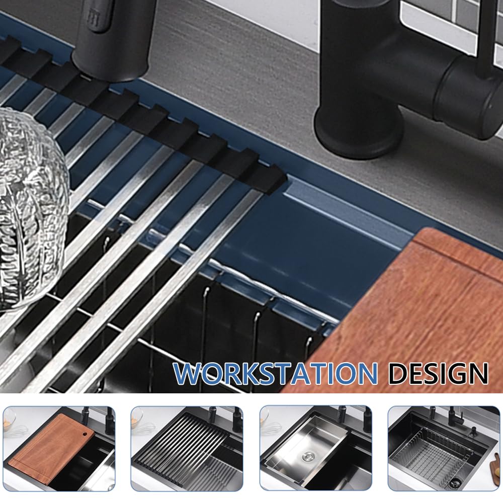 33x22 Inches Black Drop In Workstation Kitchen Sink, Gabhar 33" 16Gauge Black Stainless Steel Drop In Workstation Kitchen Sinks With Offset Drain