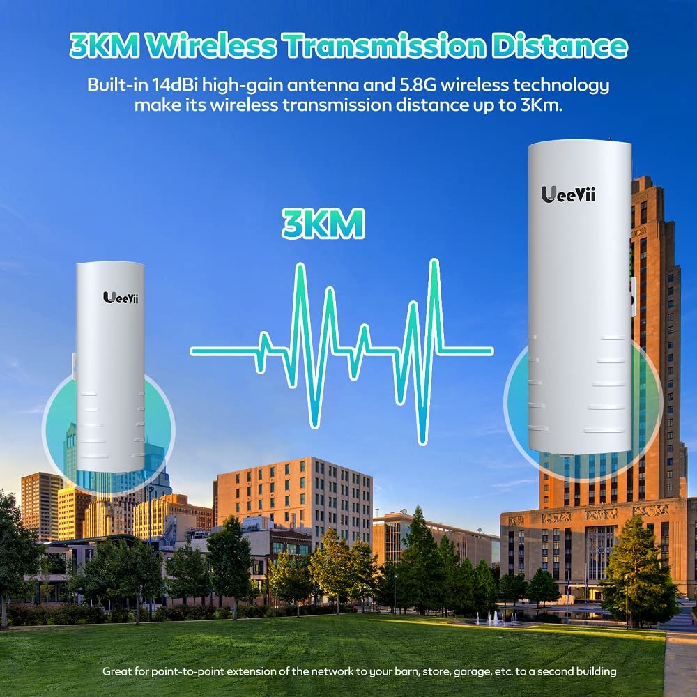UeeVii Point to Point Wireless Bridge, 5.8Ghz 100Mbps Outdoor CPE 3KM Long Range Transmission Distance with 14DBi High Gain Directional Antenna, PoE Adapter,2 RJ45, for Barn Garage Shop, 2-Pack