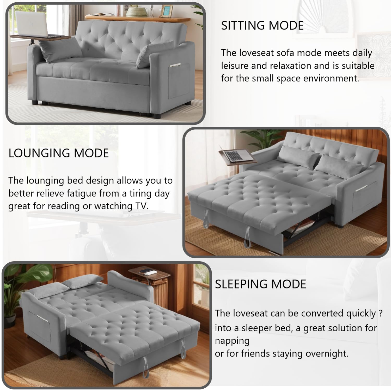 3-in-1 Multi-Functional Velvet Sleeper Sofa Pull Out Bed, 53'' Convertible Sofa Bed with Adjustable Backrest and Pillows, 360 Degree Swivel Side Table for Living Room, Small Space (Grey)