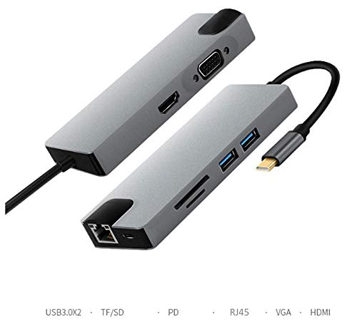 Pocket-Sise Design Multi-fuction 8 in 1 USB 3.1 Type C Adapter Docking Station Combo (Aluminum Alloy Made) with PD Charge/USB 3.0X2/1000M Gigabit LAN/4K HDMI/VGA/TF/SD