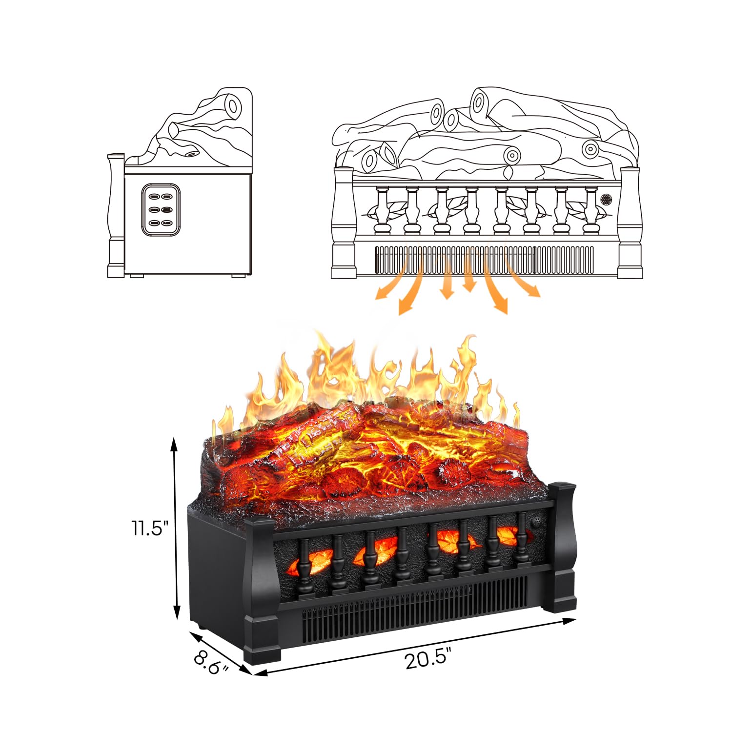 20" Electric Fireplace Heater with Realistic Flame Remote Control for Indoor Use, 750W/1500W Power Smoldering Logs, Black