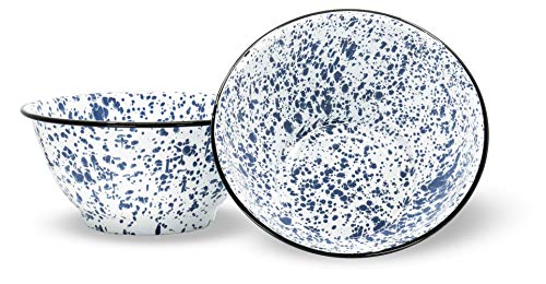 Red Co. Set of 2 Enamelware Metal Large Classic 4 quart Round Salad Serving Bowl, Navy Blue Marble/Black Rim - Splatter Design