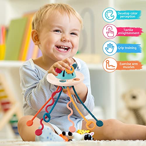 Baby Sensory Toys, Montessori Pull String Airplane Travel Toys for Toddlers 1-3, Montessori Toys for Babies 6-12 Months UFO Silicone Pull String Activity Toy Dawnier Pull Toy