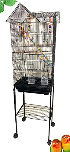 Large Canary Parakeet Cockatiel Lovebird Finch Roof Top Bird Cage with Stand -18"x14"x63" (Black with Toy)