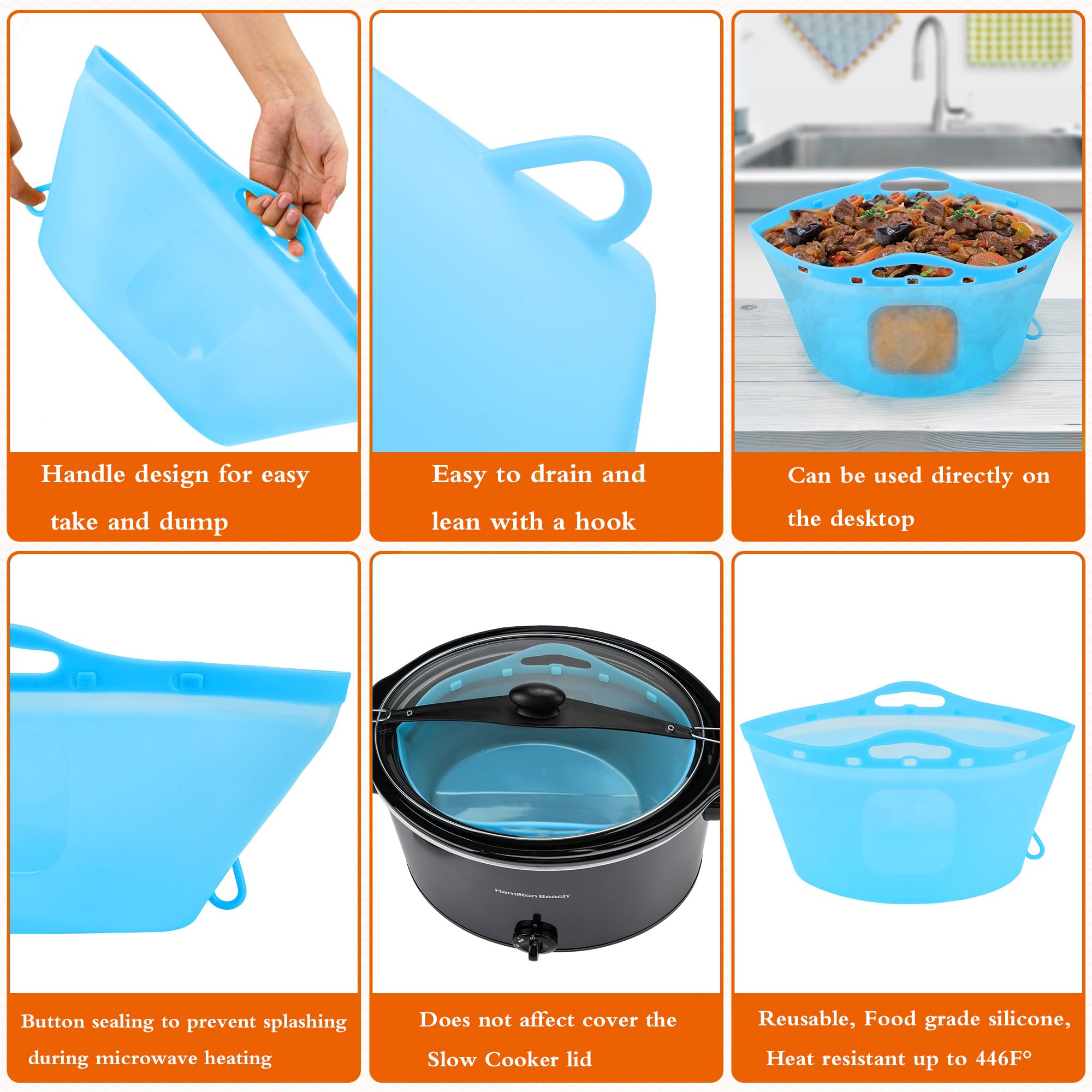 2pcs Silicone Slow Cooker Liners, Reusable Slow Cooker Liners for 6-10 Quarts, Leakproof & Easy Clean Crock-Pot Cooking Bags Liners with Handle for Oval or Round Pot (Green+Blue)