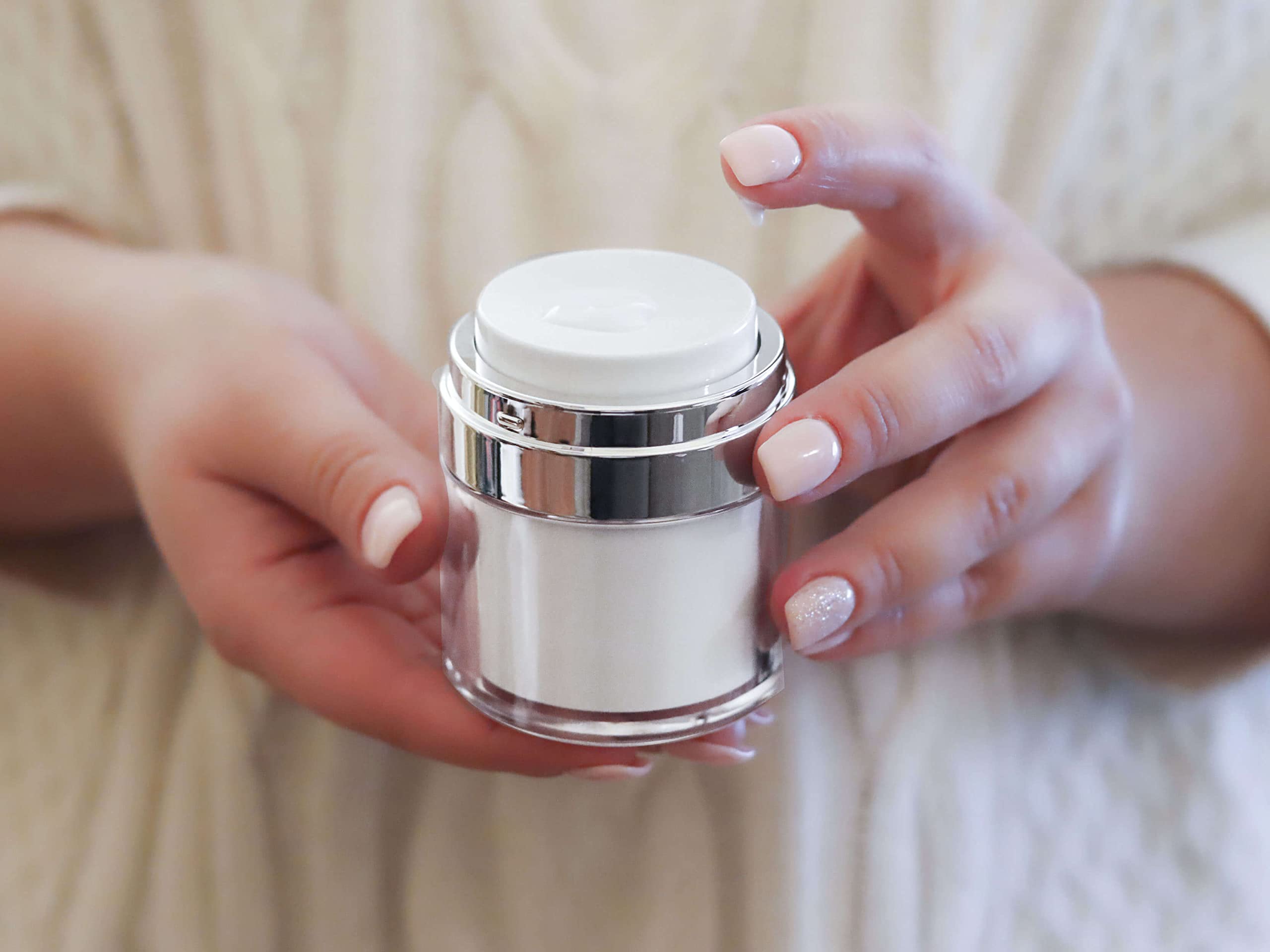 3-pack Airless Pump Dispenser Jar - 1.7 oz 50 mL Refillable Bottle Empty Cosmetic Cream New Jars for Travel Containers with Push Down Pump for Face Makeup Lotion Moisturizer Creams and Skincare