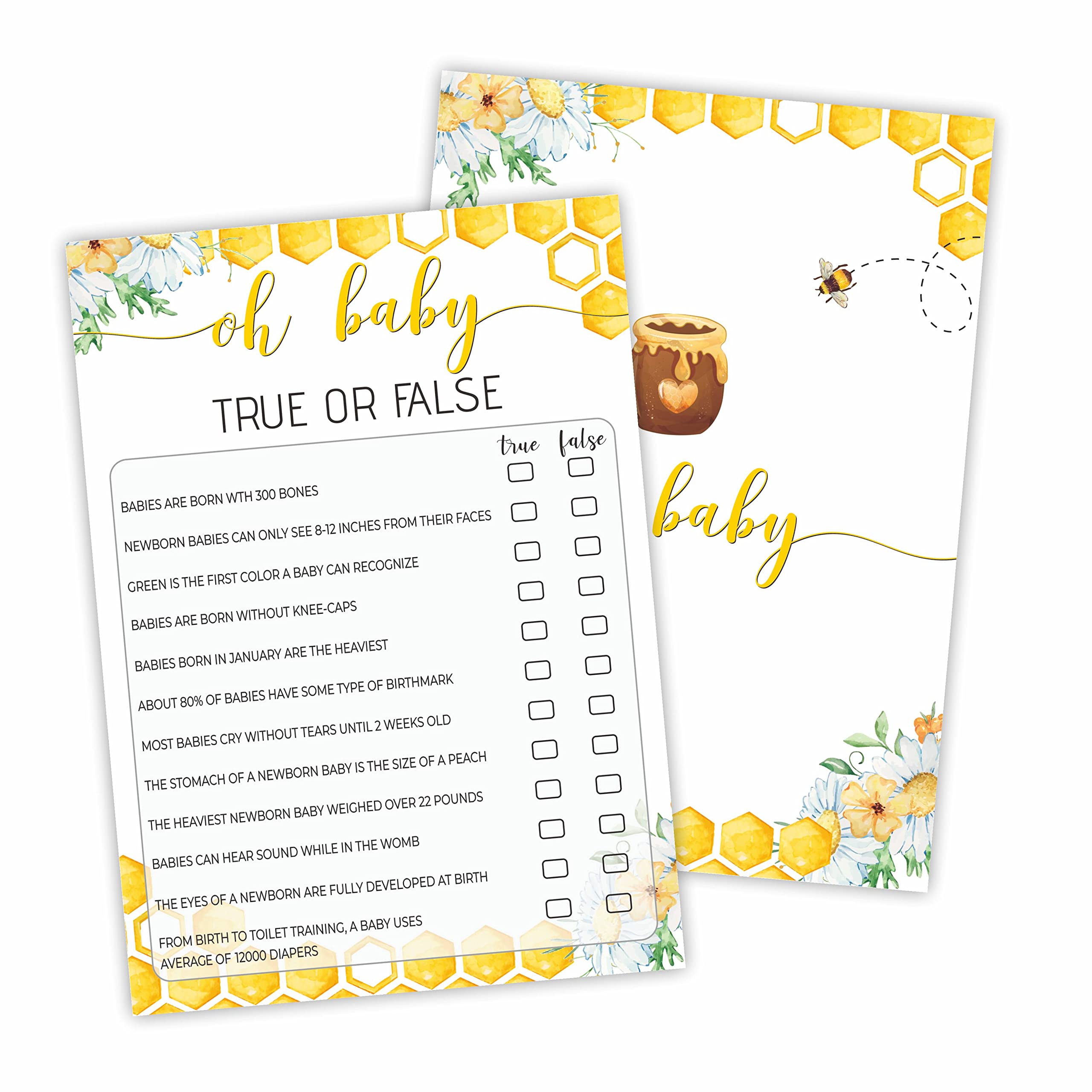 30 Honey Bee Themed Baby Shower Game Cards with an Answer Card, Baby True or False double sided (5 X 7 inches)-(BABYYX-006)