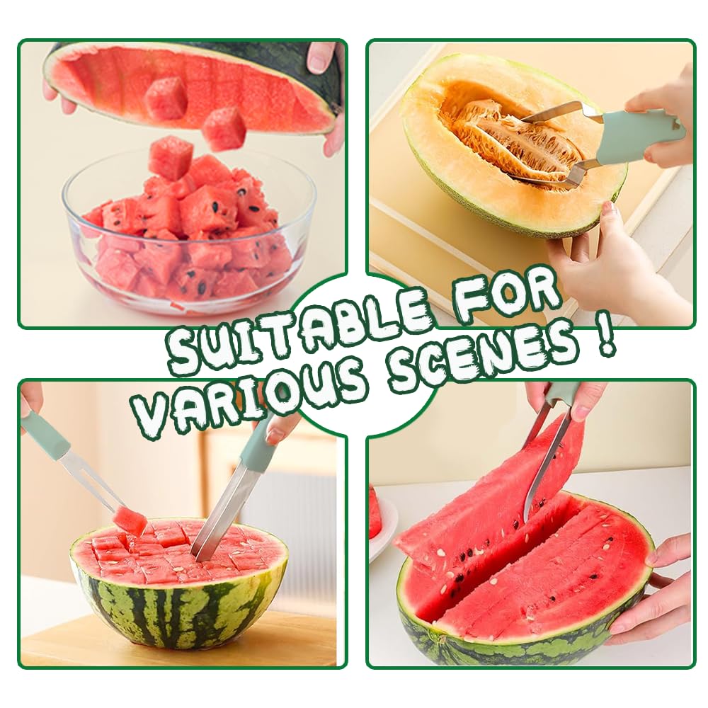3-in-1 watermelon cutter slicer tool,watermelon knife stainless watermelon slicer watermelon fork ,fruit cutter slicer kitchen gadgets - Green