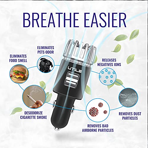 UTILE Car Ionizer Purifier with Dual USB Charger β Ionic Air Freshener for Odor Removal | 2.1A/0.8W USB Charging for Phone, Tablet and Other Devices (Black, Pack of 1)