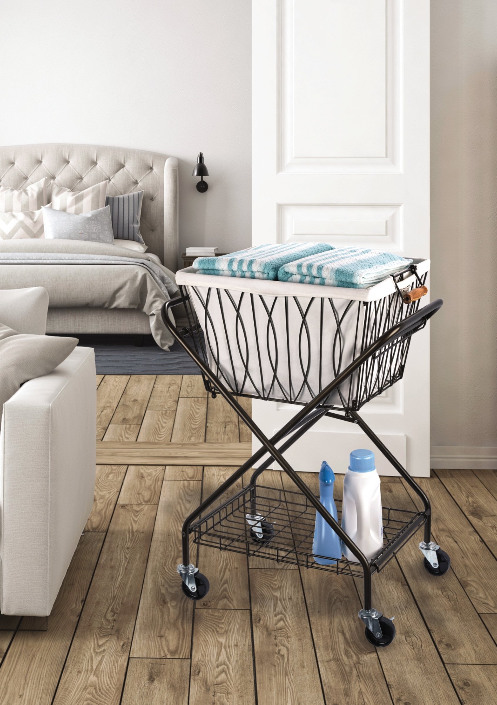 Artesa Verona Collapsible Metal Laundry Cart with Removable Basket & Canvas Bag, 20.5" L x 16.2" W x 13" H, Antique Black