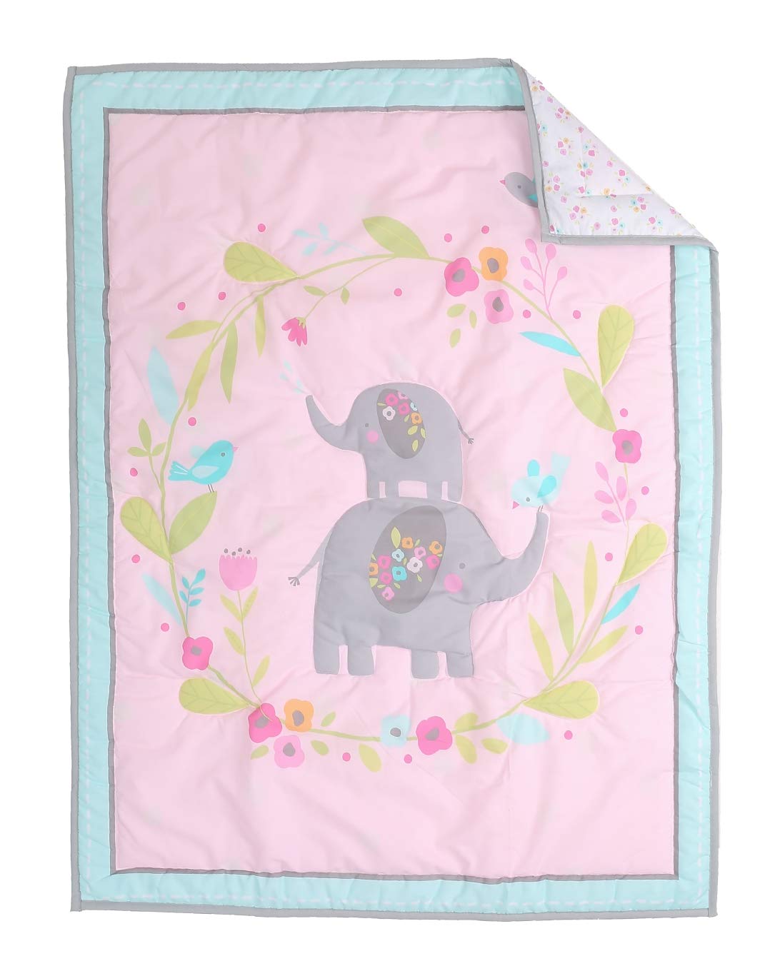 Sweet baba Luxury 4 Piece Elephant Crib Bedding Set,Pink Crib Set for Baby Girls(Brids/Flowers),Microfiber Printed Nursery Bedding Set with Comforter/Skirt/Crib Sheet/Blanket