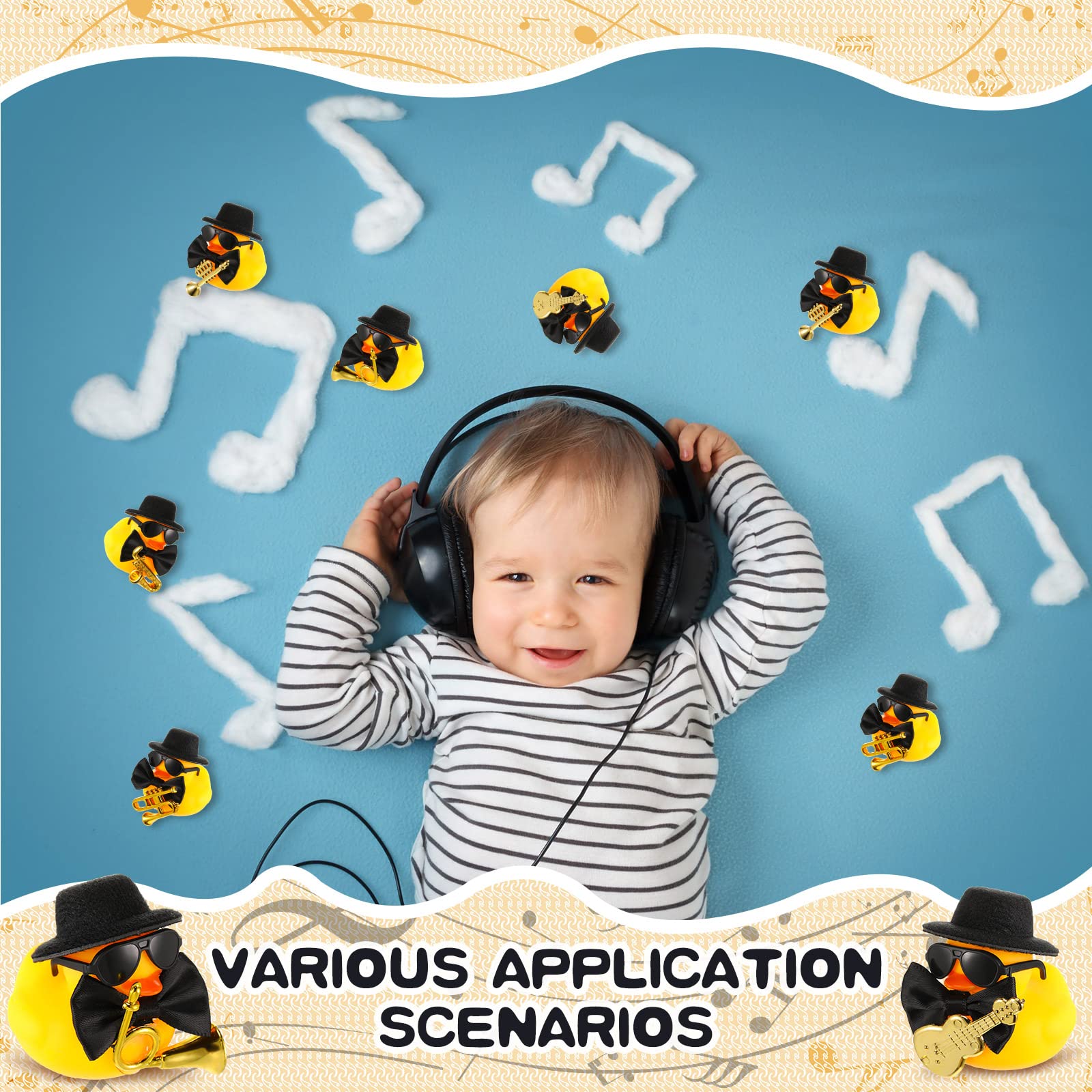 24 Sets Jazz Band Musical Instruments Rubber Ducks with Mini Felt Top Hats, Bowties, Instrument, Sunglasses, Bathtub Tiny Ducks Rubber Duckies Bulk for Ducky Baby Shower Game Birthday Party Pool Gift