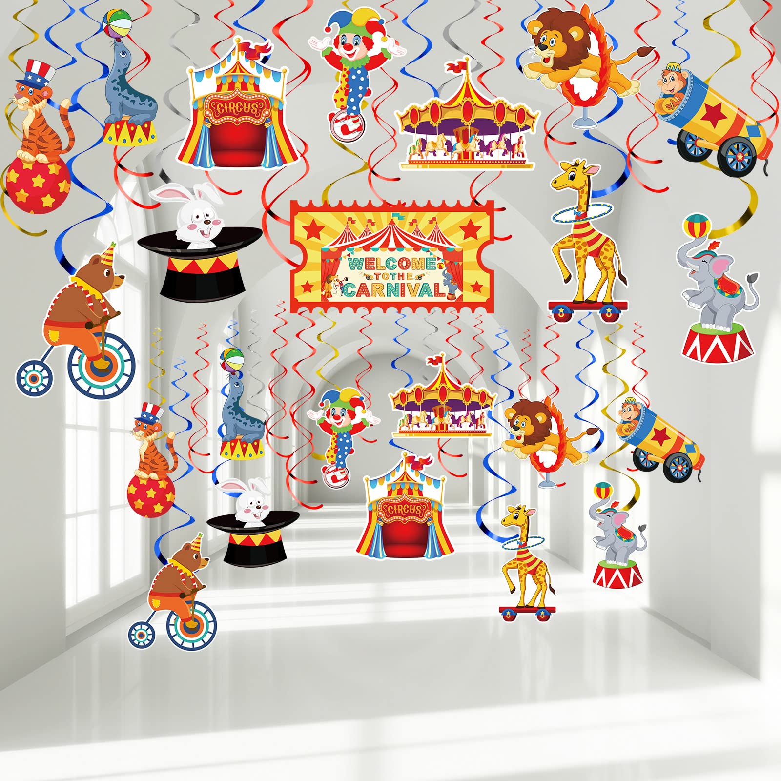 30 Pcs Carnival Hanging Swirl Decorations Colorful Circus Animal Party Supplies Carnival Baby Shower Decor Double Sided Ceiling Circus Streamers for Kids Circus Birthday Baby Shower Party Favors