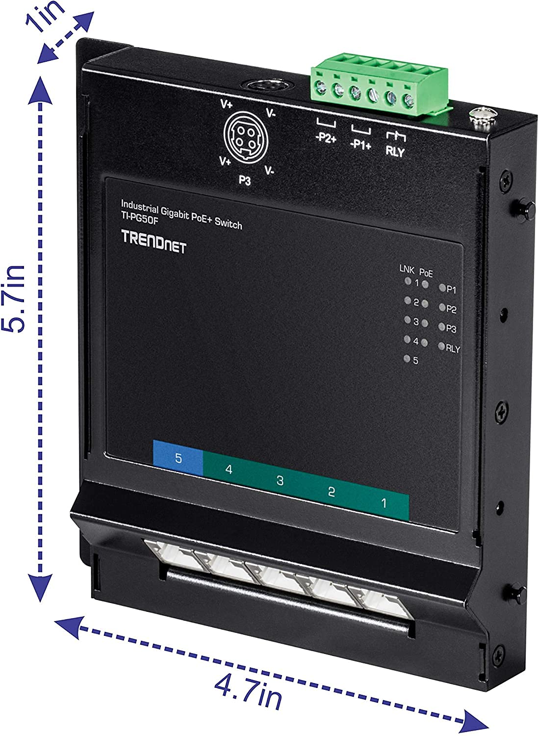 TRENDnet 5-Port Industrial Gigabit Poe+ Wall-Mounted Front Access Switch, 5X Gigabit Poe+ Ports, DIN-Rail Mount, 48 –57V DC Power Input, IP30, 120W Poe Budget,Lifetime Protection, TI-PG50F