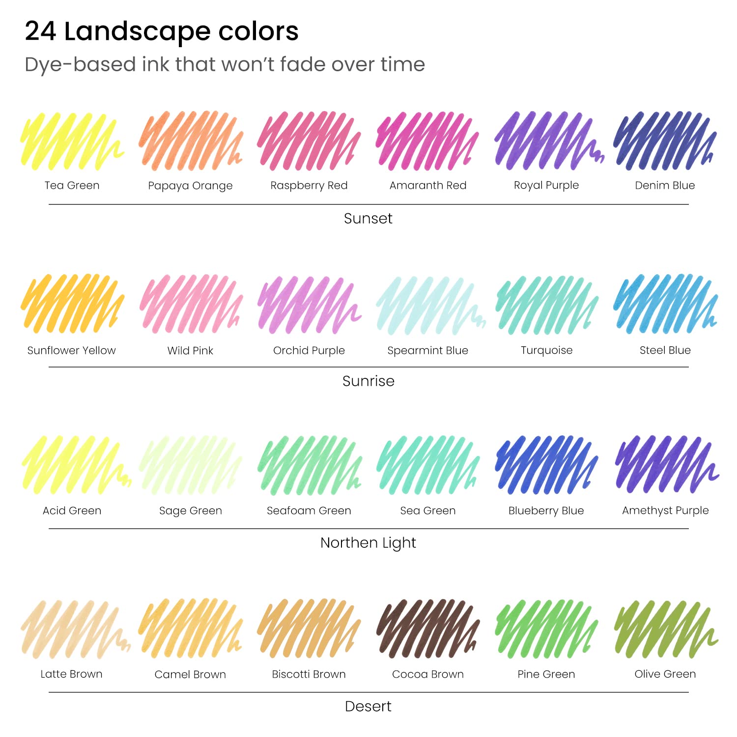 ARTEZA Felt Tip Pens, Set of 24 Landscape Brush Tip Calligraphy Pens for Note Taking, Sketching, Cross-Hatching, Outlining, Dye-Based Ink, Smear-Free