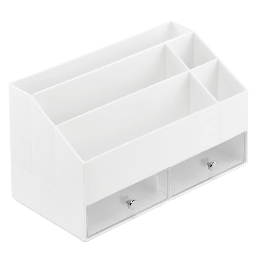 mDesign Plastic Makeup Storage Organizer with 2 Drawers and 5 Divided Sections for Bathroom, Vanity, Cabinet, Countertops - Storage for Cosmetics, Brushes, Blush - Lumiere Collection - White/Clear