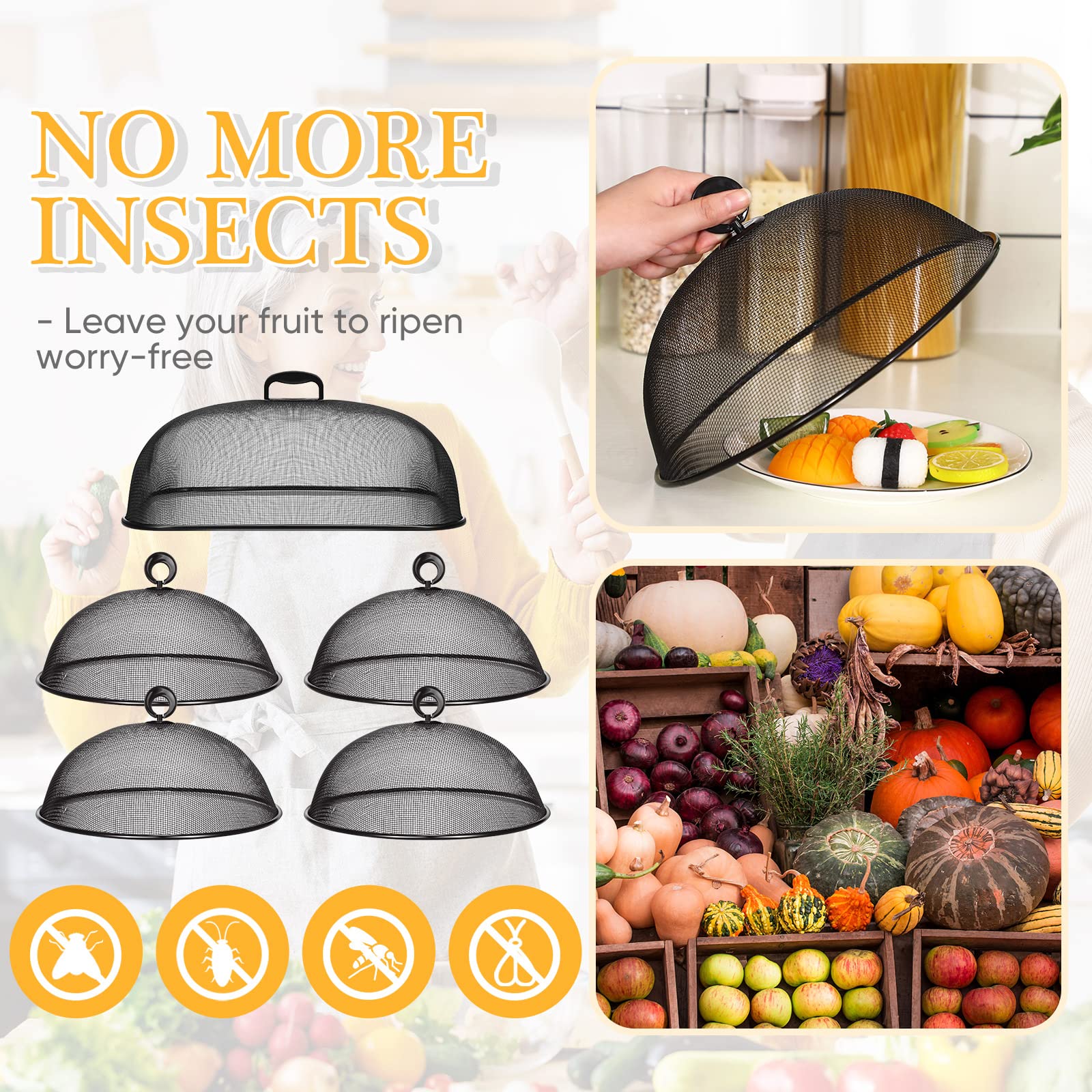 5 Pcs Metal Mesh Food Cover for Outdoors Include 18.5 In Extra Large Mesh Food Tents Fly Fruit Screen Food Net 4 Pcs 11 In Large Dome Plate Covers for Dinner Plates Reusable Picnic Food (Black)