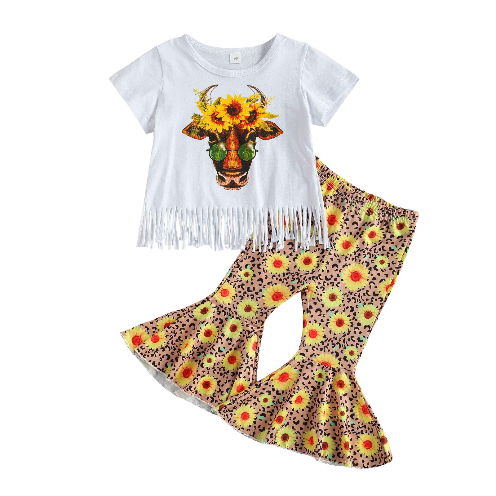 wdehow Toddler Baby Girl Clothes Set Long Sleeve Tassel T-Shirt Top Bottom Sunflower Flare Pants 2pcs Spring Summer Outfits (Yellow, 4-5T)