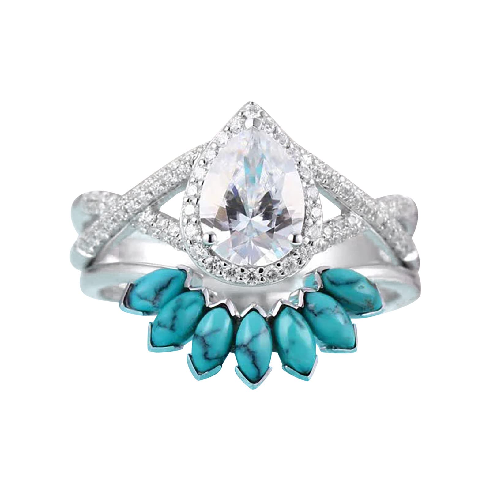 2PC Set Women Shining White Crystal Zirconia Water Drop Shape Ring Turquoise Ring Promise Rings Engagement (Silver, 7)