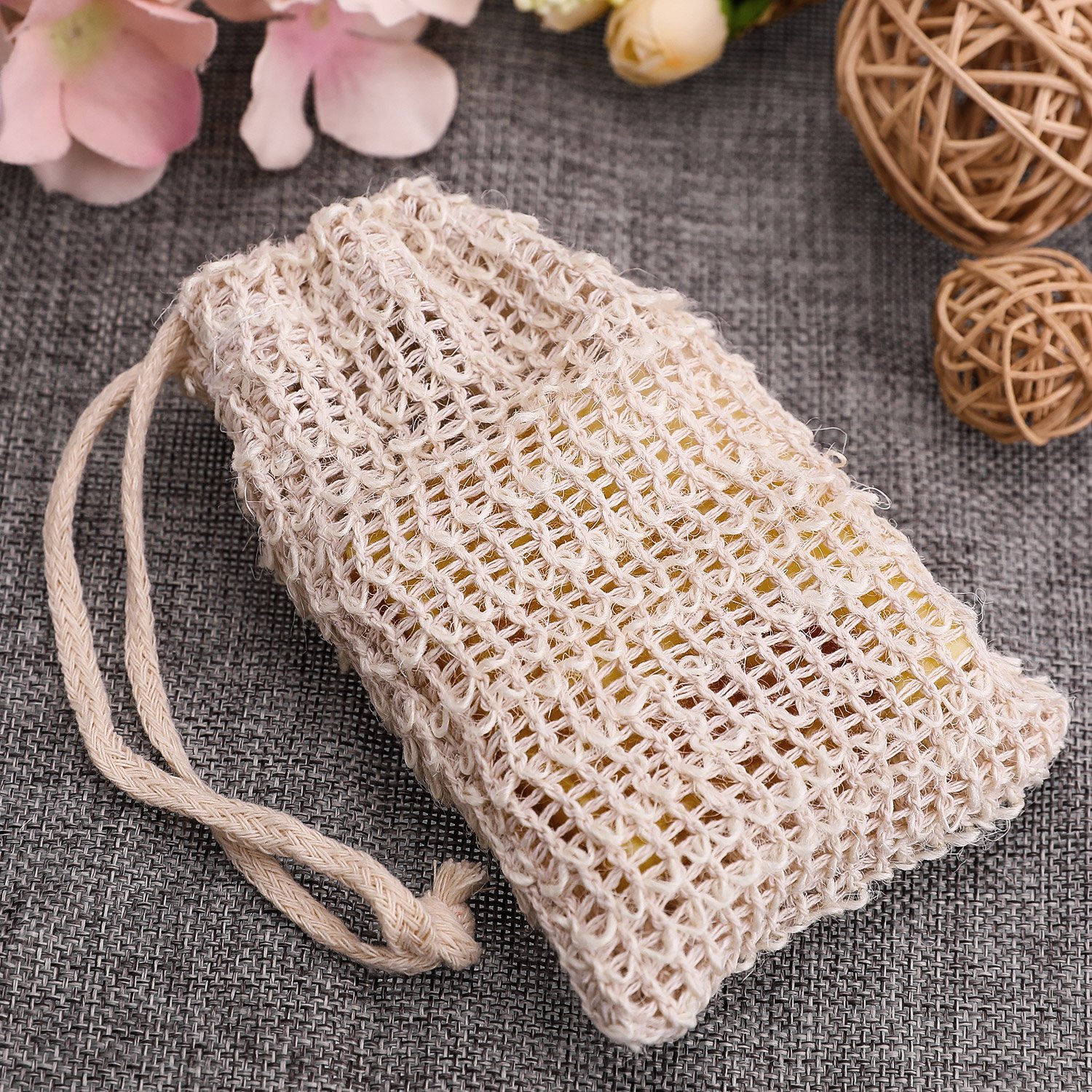 BBTO 5 Pieces Soap Saver Bag Natural Sisal Exfoliating Soap Pouch for Foaming and Drying, Shower, Scrubber(9 x 14 cm,Beige)