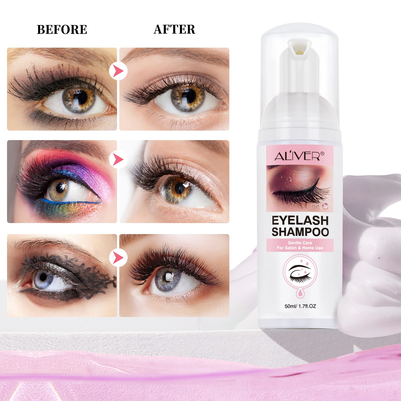 50ml Eyelash Foam Shampoo +10 Pcs Hydrogel Eye Patches+Mascara Brush + Cleaning Brush+ Rinse Bottle, Gentle & Friendly Lash Cleanser, Lash Bath, Eyelash Makeup Clean Just Needs 1-2 Minutes (Set A)