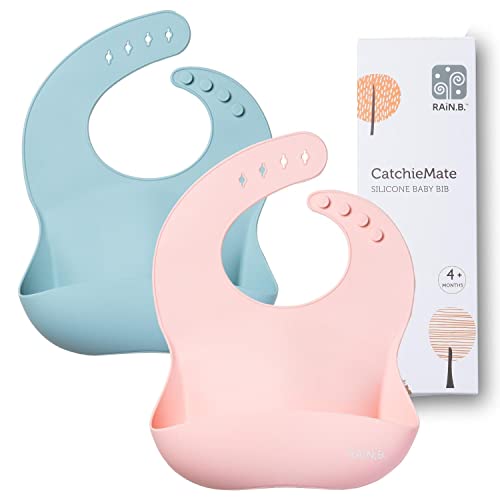 RAIN.B. Baby Silicone Bib Set of 2 - Adjustable Waterproof Baby Food Bibs with Food Catcher|Cherry Blush + Glacier Blue