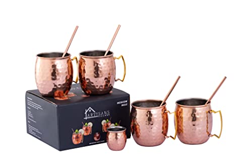 ARTISANS VILLAGE Moscow Mule Mugs | Set of 4 | 100% Pure Copper Solid Mugs | Gold Brass Handles | Size 16 oz | BONUS: Premium Straws and Shot Glass