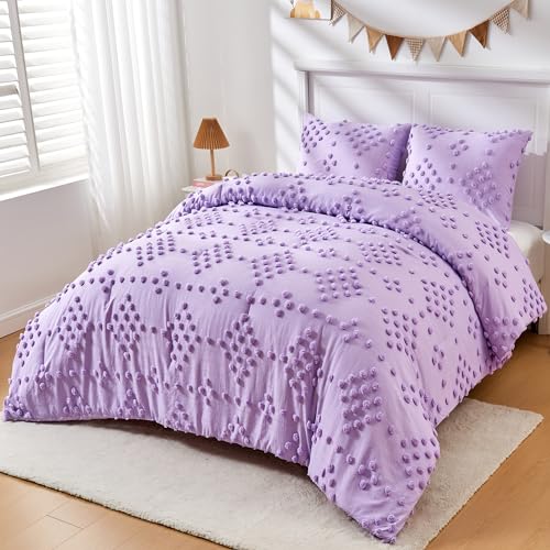 3-Piece Queen Size Kids Bedding Set for Girls Purple Boho Tufted Dots Jacquard Pom Pom Tufts Embroidery Bed-in-a-Bag Bohemian Kids Comforter Set for Boys with Comforter, 2 Pillowcase