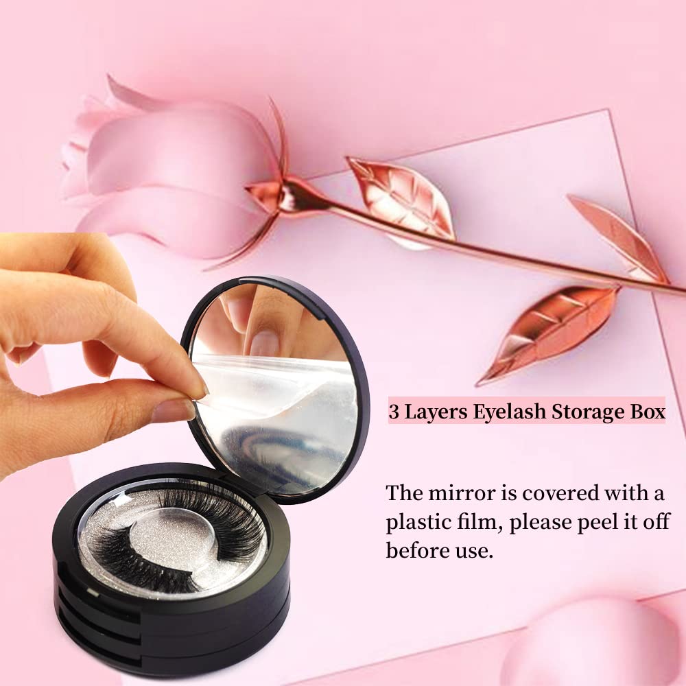 3 Layers Eyelash Storege Box with Mirror Circle Eyelash Holder Case with Lashes Trays & New Lash Clip Applicator Eye Makeup Tool for Women Girls Travel Case