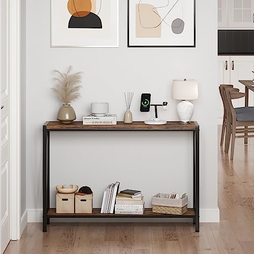 Amyove Console Table, 42.9" Rustic Entryway Table, Industrial 2-Tier Skinny Sofa Table with Shelf, Console Tables for Entryway, Living Room, Hallway, Foyer, Corridor, Office-Rustic Brown