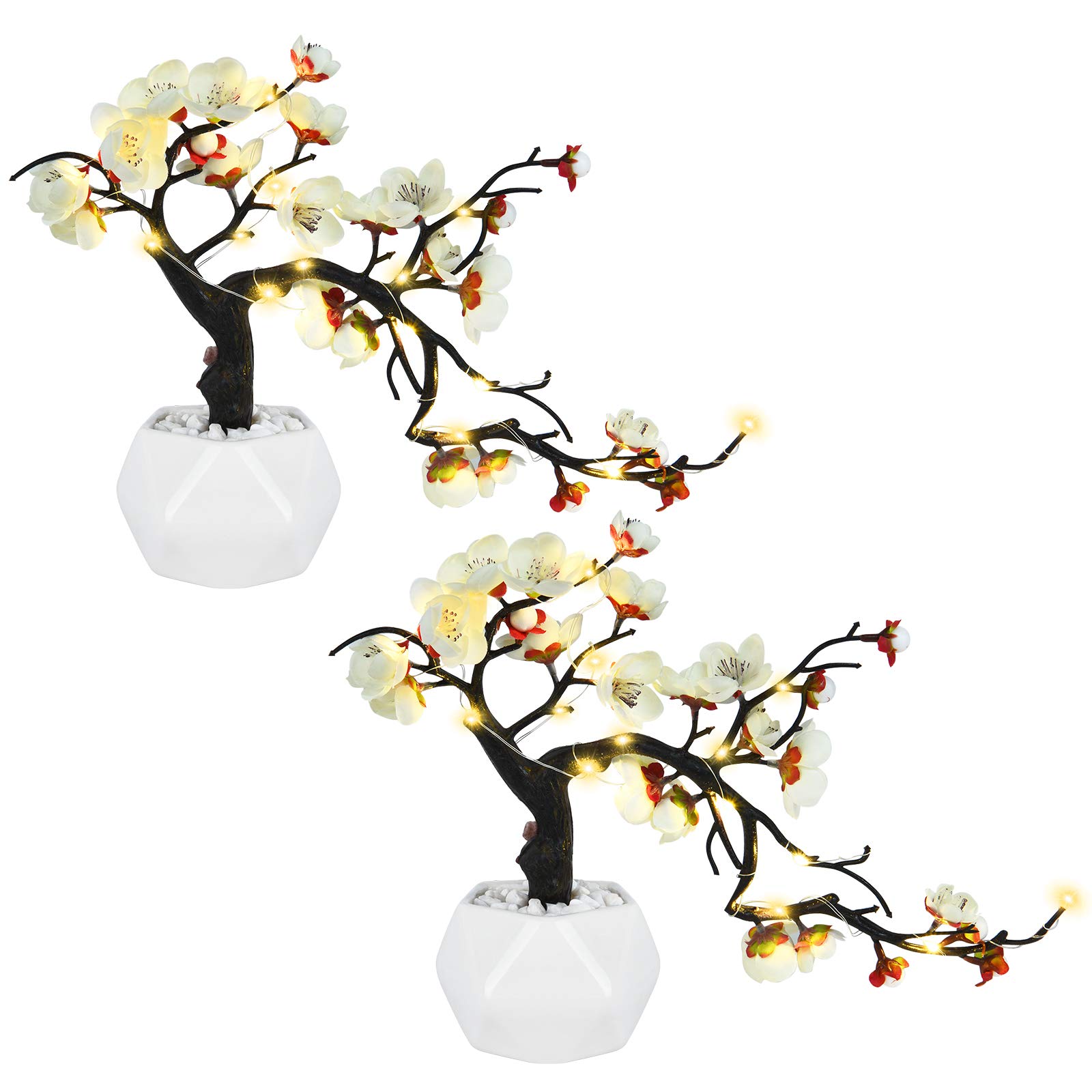 Artflower Plum Blossom Artificial Silk Flowers 2 Pack Simulation Flower with Ceramic Vase Fake Plant Potted Arrangement for Home Wedding Office DIY Living Room Party Garden Decoration (White)