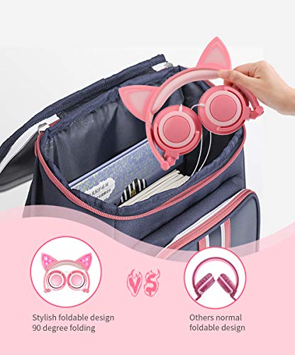 esonstyle Cat Ear Headphones for Kids, Wired Kids Headphones with LED Light Up, 85dB Volume Limited, Foldable 3.5mm Jack Headphones for School/Travel/iPad/Tablet (Peach)