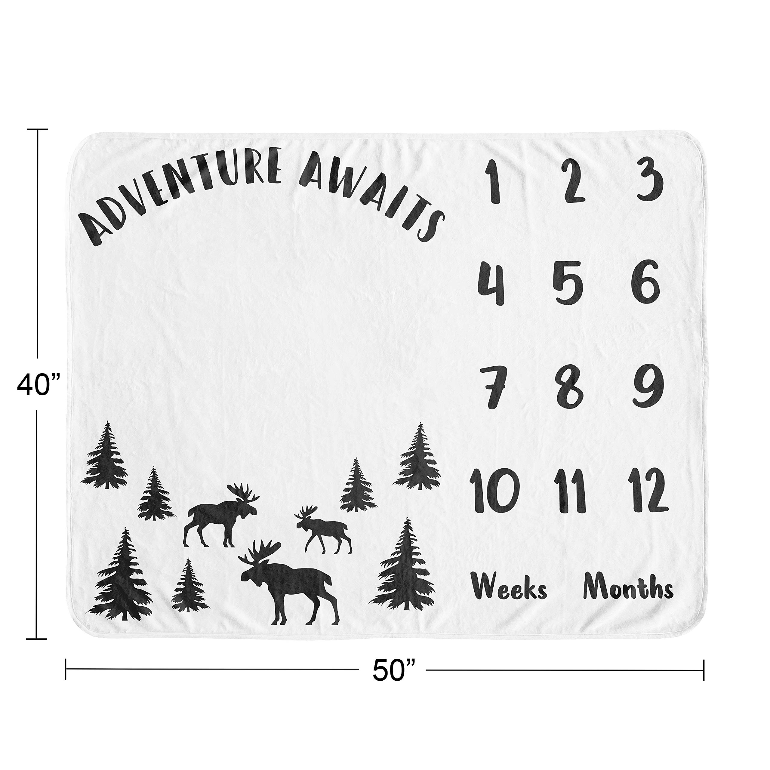 Sweet Jojo Designs Woodland Moose Boy Milestone Blanket Monthly Newborn First Year Growth Mat Baby Shower Memory Keepsake Gift Picture - Black and White Forest Adventure Awaits Rustic Patch