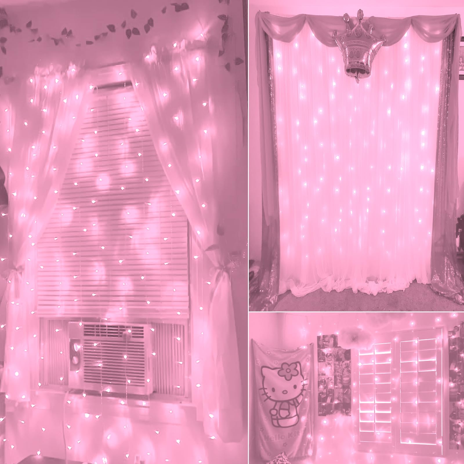 amadecohome Curtain Lights, Pink Room Decor 8 Modes LED String Lights for Garden, Teen Girls' Room, Party, Window, Wall and Valentines Day Decor