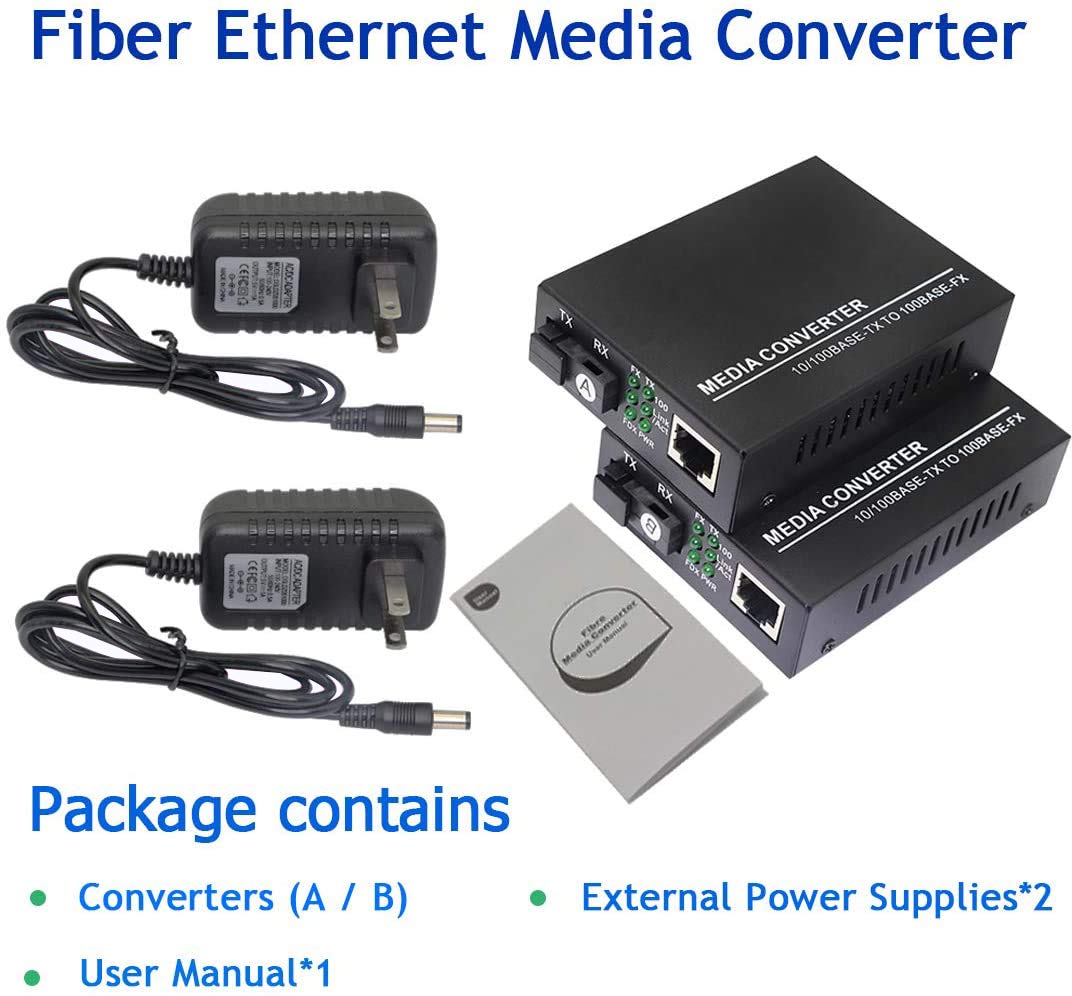 XMSJSIY Fiber Ethernet Media Converter, Single-Mode 10/100Base-TX to 100Base-FX, RJ45 to SC, Fiber Transceiver Up to 25KM (1 Pair)