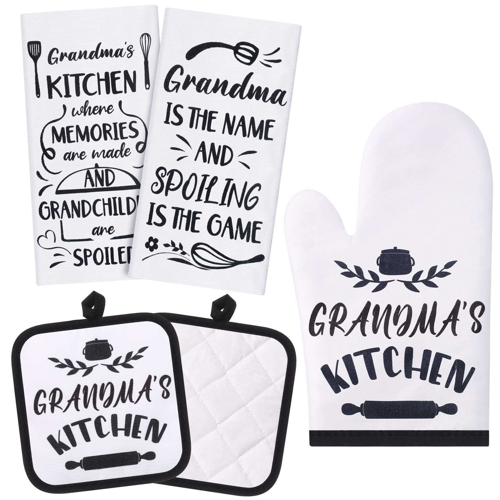 5 Pieces Grandma Kitchen Set Includes 2 Pieces Grandma Dish Towels Microfiber Dish Towels, 2 Pieces Grandma Oven Pads Pot Holder, Grandma Oven Mitt Grandma Gift for Home Birthday Kitchen